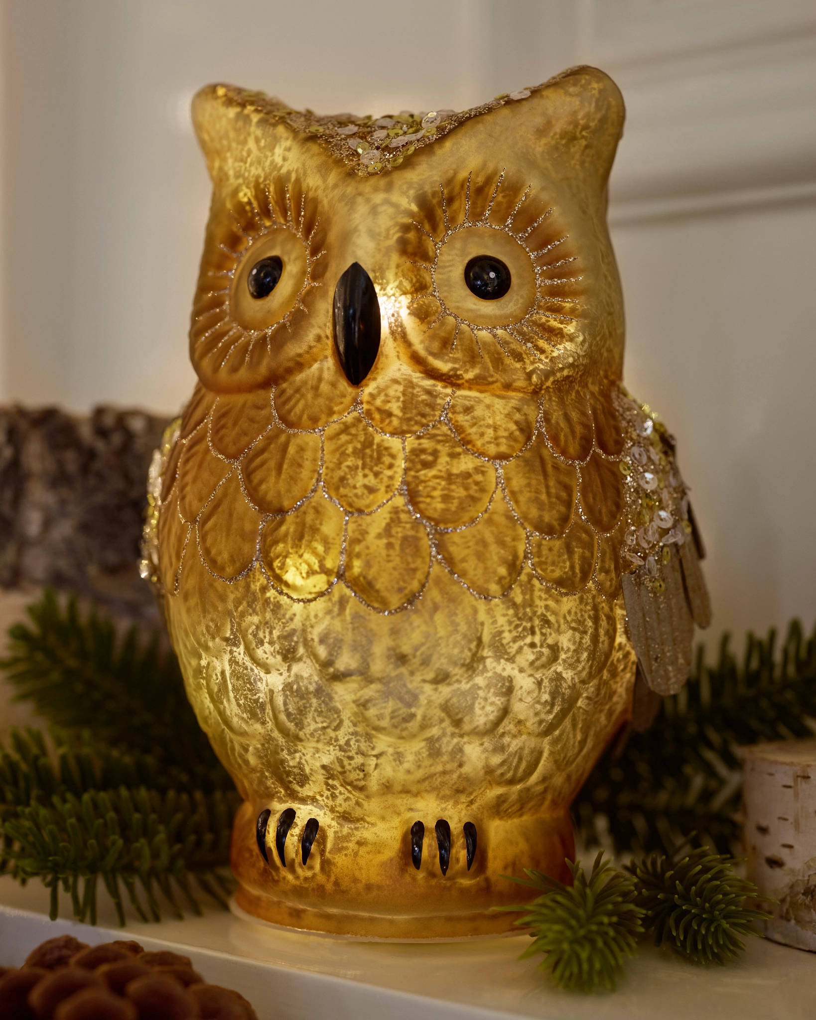Lit Woodland Christmas Glass Owls | Balsam Hill