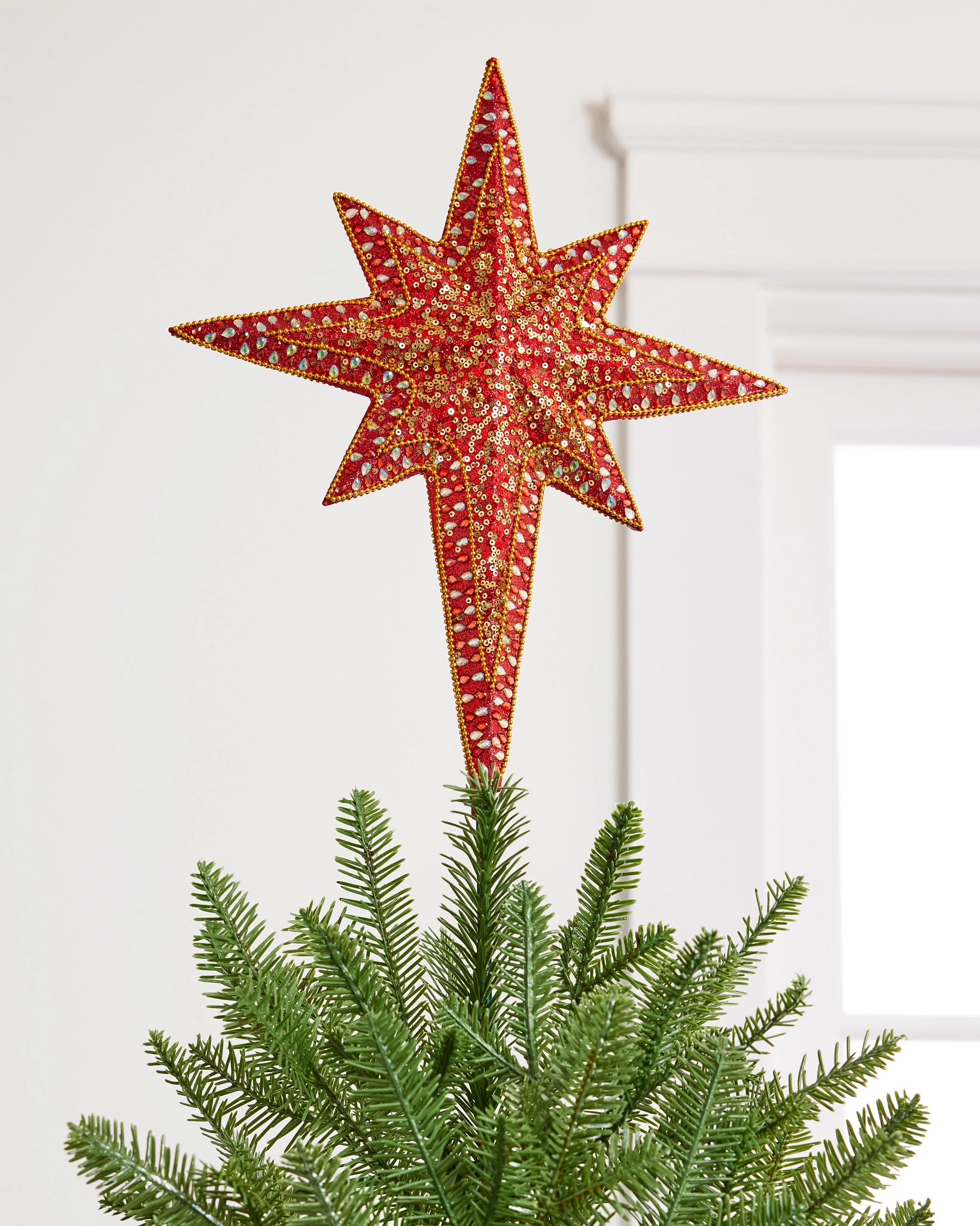 Red Bethlehem Star Beaded Artificial Christmas Tree Toppers | Balsam Hill