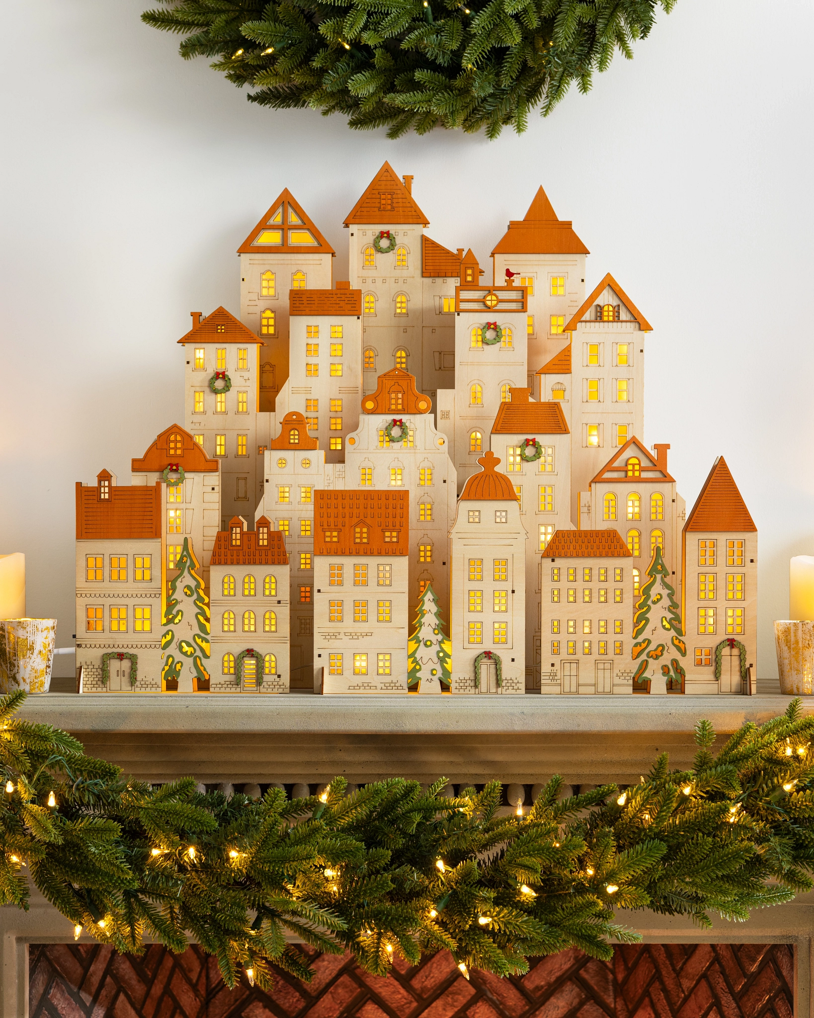 Lit Wooden Christmas Old Town Cityscape | Balsam Hill